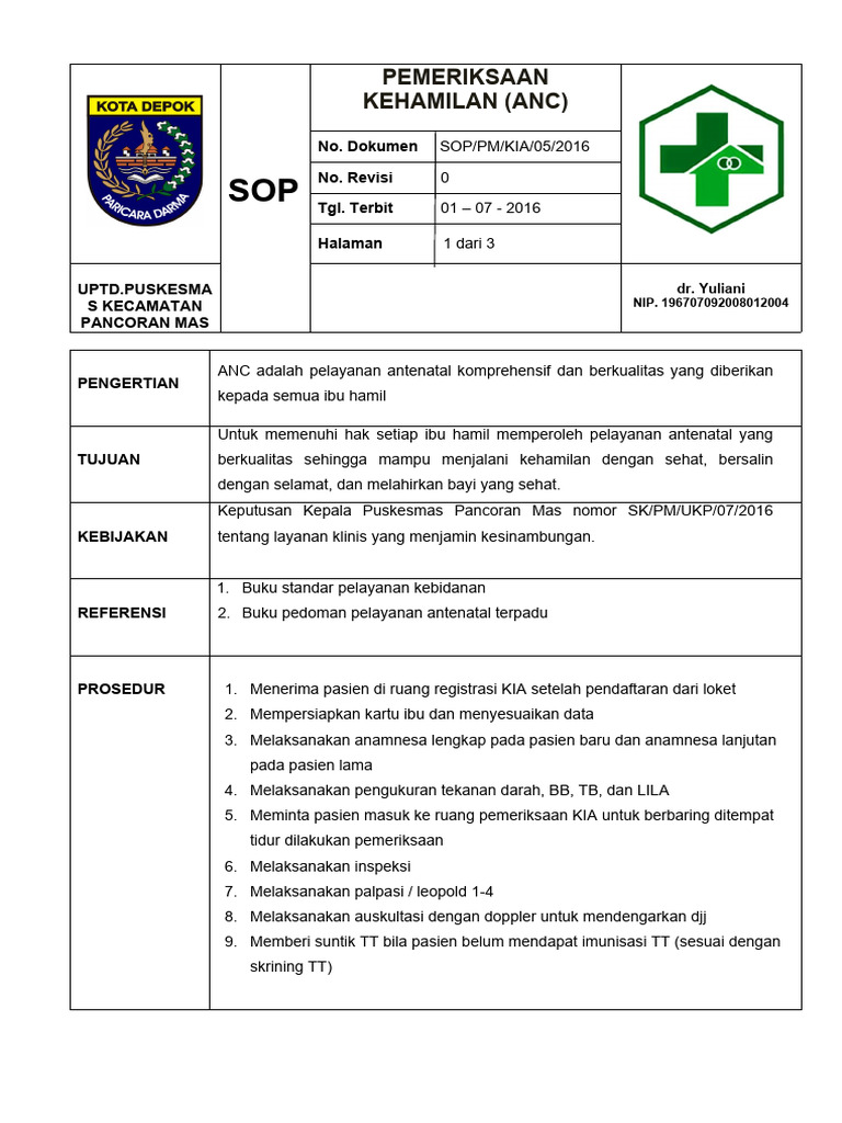 SOP Pemeriksaan Kehamilan ANC | PDF