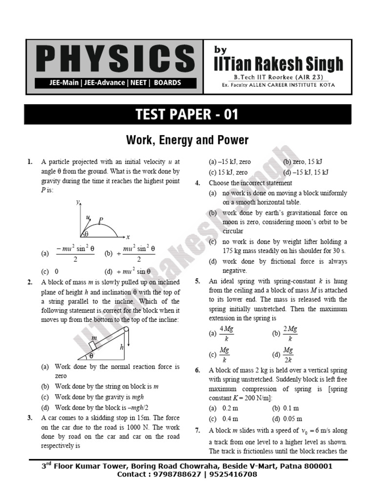 3 - Work, Energy and Power Test - 1 | PDF | Force | Mass
