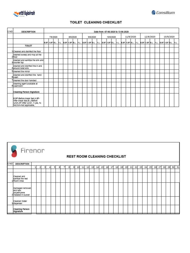 Toilet Rest Sheilter Cleaning Checklist | PDF