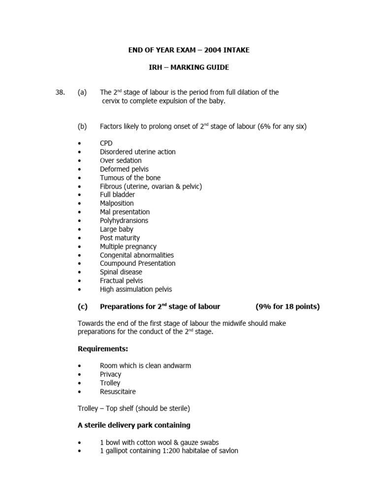 END OF YEAR EXAM IRH Marking Key | PDF | Childbirth | Maternal Health