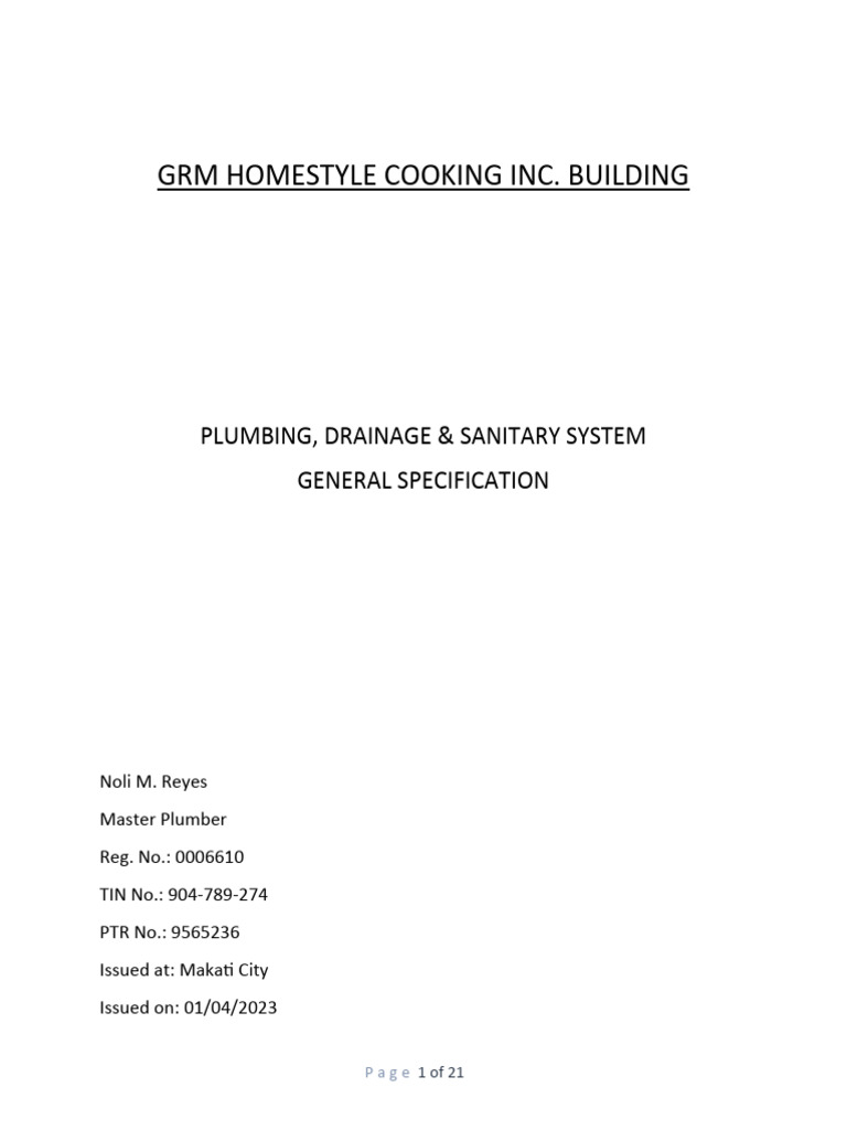 GRM HOMESTYLE COOKING INC Plumbing Specs | PDF | Valve | Pump