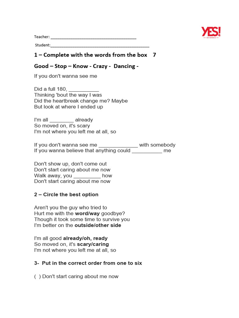 Fill-in-the-Blank Lyrics Activity | PDF | Lifestyle