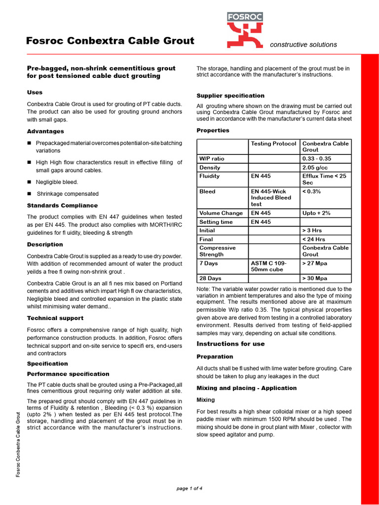 TDS Fosroc Conbextra Cable Grout India5 | PDF | Cement | Materials