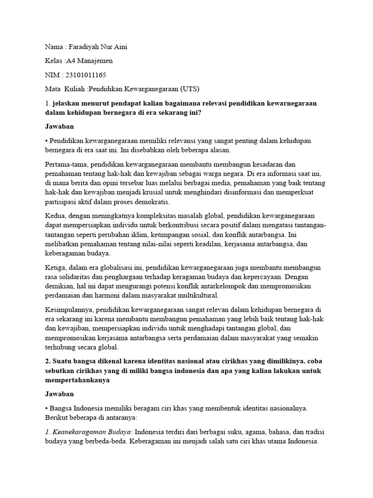 Pendidikan Kewarganegaraan Uts, Fara | PDF | Ilmu Sosial