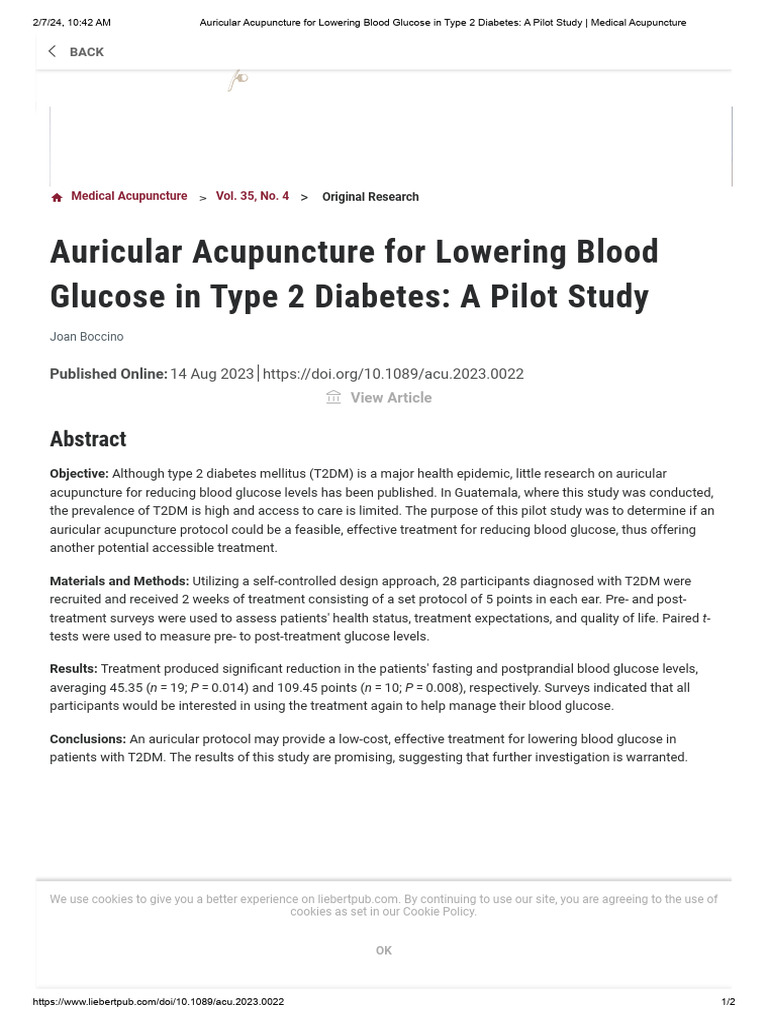 Auricular Acupuncture For Lowering Blood Glucose in Type 2 Diabetes - A ...