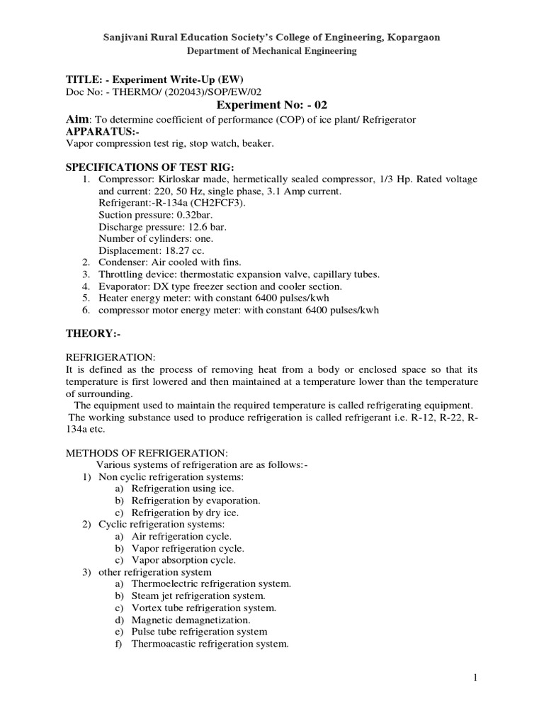 Determining COP of Refrigeration Systems | PDF | Refrigerator ...