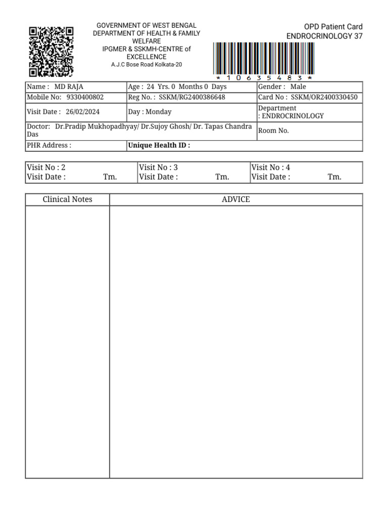 Endocrinology OPD Patient Card Template | PDF | Self-Improvement | Wellness
