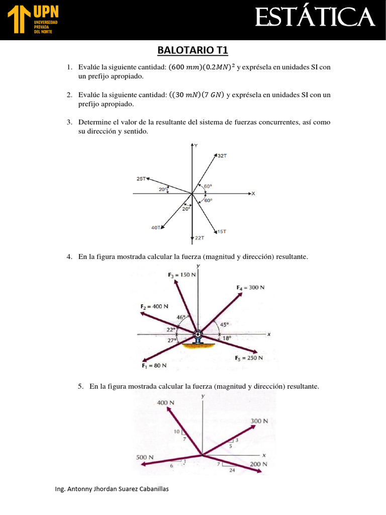 Balotario T1 - Estática - 2024 - I | PDF | Fuerza | Vector Euclidiano
