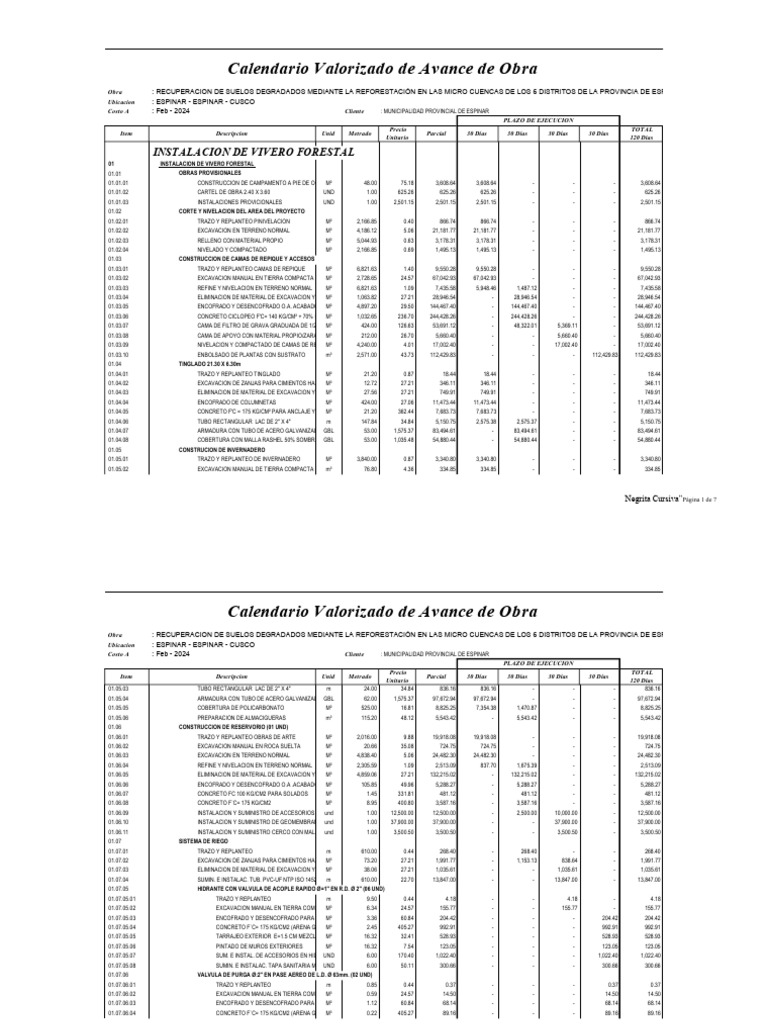 Calendario Valorizado de Avance de Obra | PDF | Materiales de construcción | Albañilería