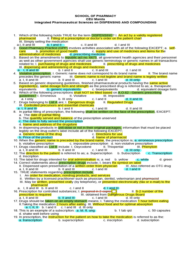 IPS1 CEU Dispensing - Practice Questions With Answers | PDF | Medical ...