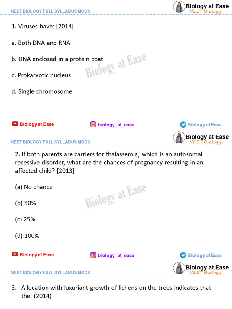 NEET BIOLOGY PYQs MOCK-2 | Download Free PDF | Meiosis | Biology