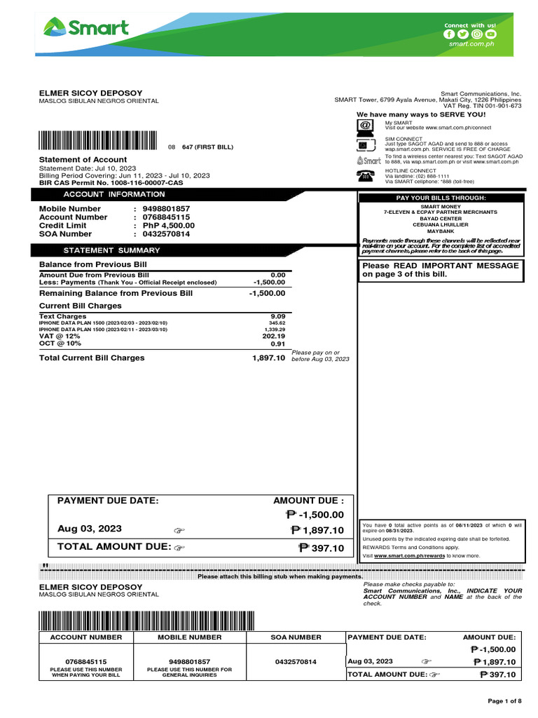 Smart Billing Statement July 2023 | PDF | Mobile Phones | Mobile Technology