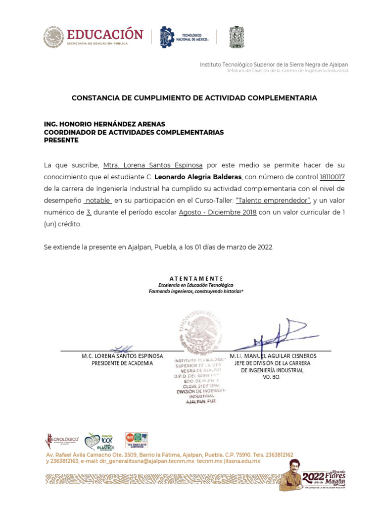 Constancia de Cumplimiento de Actividad Complementaria | PDF | Ingeniería | Business