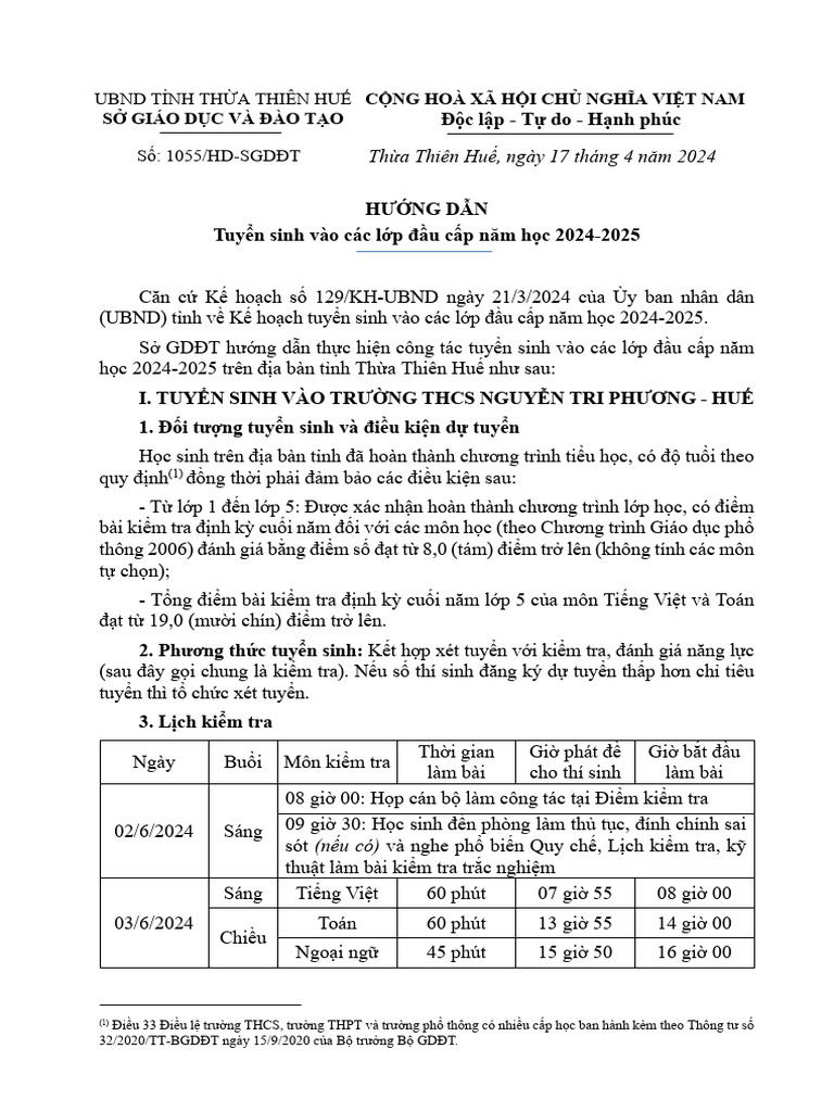 2024 cv1055 17 4 2024 Huong Dan Tuyen Sinh 2024 2025 | PDF