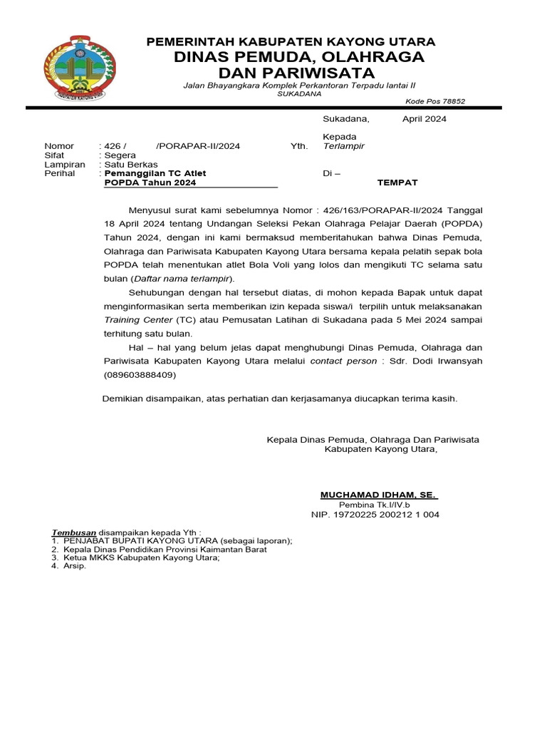 Surat Pemanggilan Atlet TC 2024 dan Surat Izin | PDF