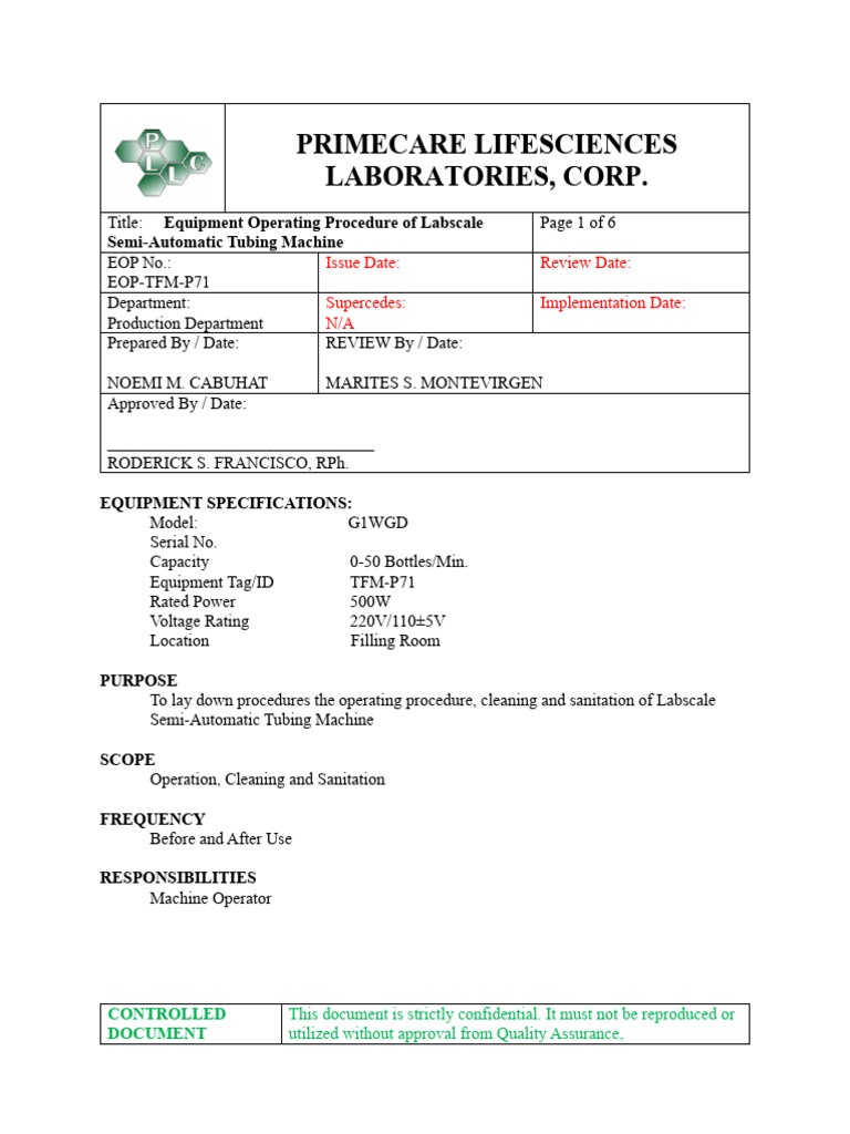 Manufacturing SOP Lab-Scale Semi-Automatic Tubing Machine | PDF ...