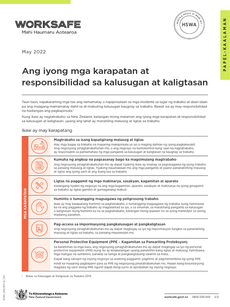 Your Health and Safety Rights and Responsibilities Tagalog | PDF