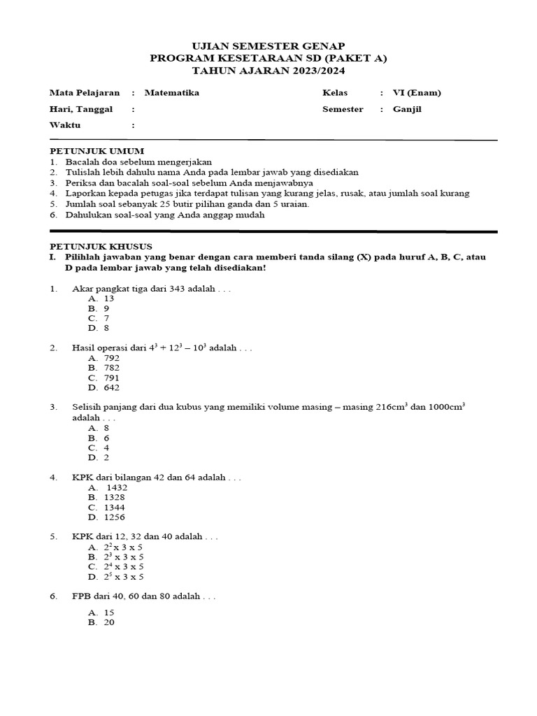 Kelas 6 Sem 1 - Matematika | PDF