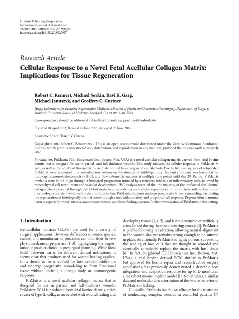 Research Article: Cellular Response To A Novel Fetal Acellular Collagen ...