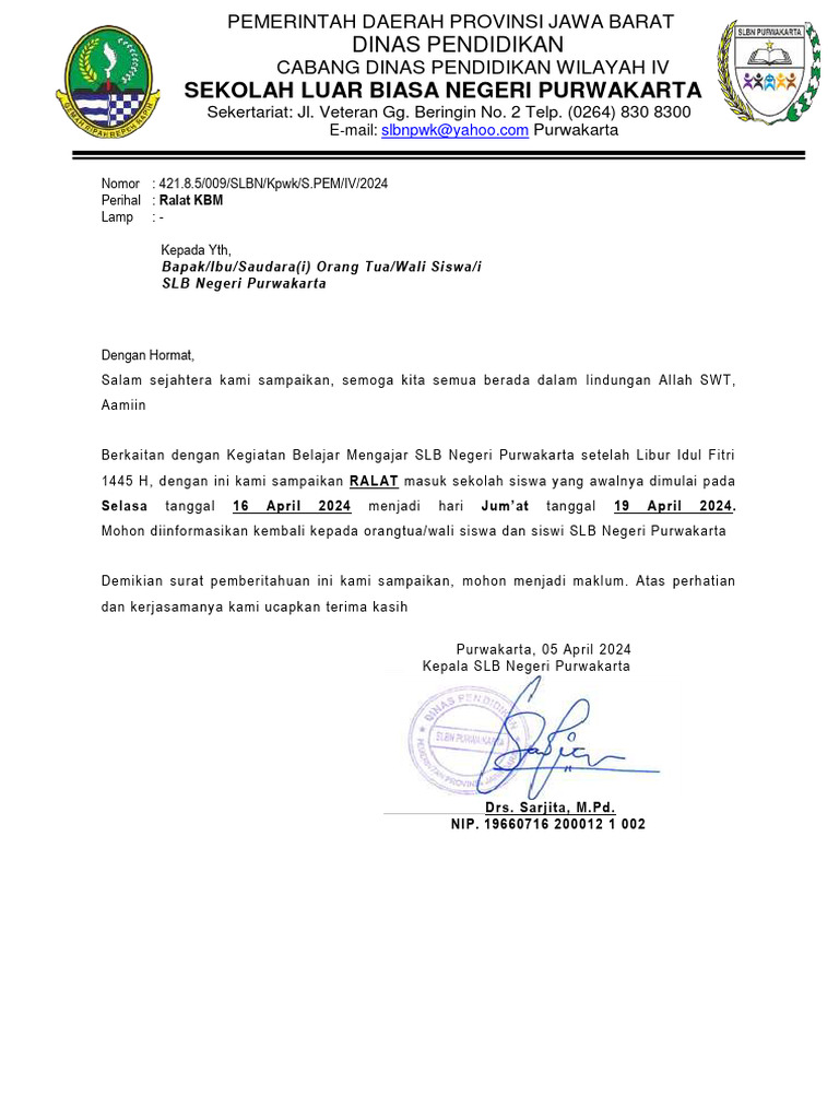 Surat Pemberitahuan Ralat Masuk Sekolah | PDF