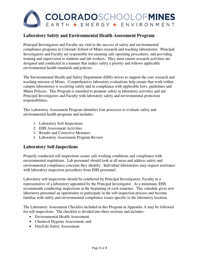 EHS Laboratory Safety and Environmental Health Assessment Program | PDF ...