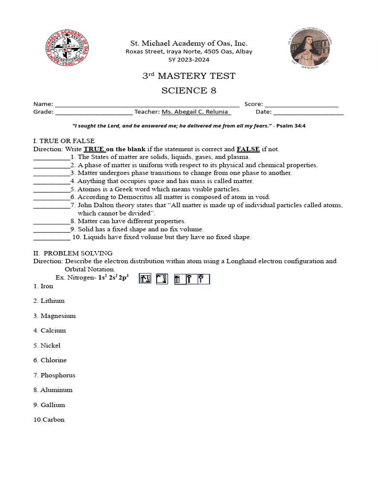 Science 8 Pre Periodic Exam | PDF | Matter | Atoms
