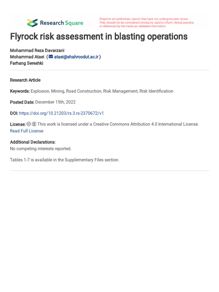 Flyrock Risk Assessment in Blasting Operations | Download Free PDF ...