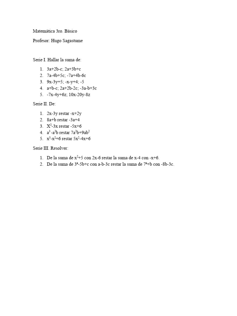 Laboratorio Semana 11 3ro. Basico (Algebra Sumas y Restas) | PDF