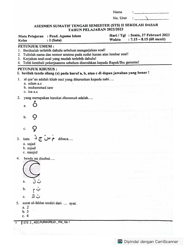 Arsip Soal STS PAI KLS 1 SEM 2 | PDF