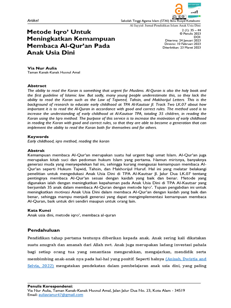 Metode Iqro' Untuk Meningkatkan Kemampuan Membaca Al-Qur'an Pada Anak Usia Dini | PDF