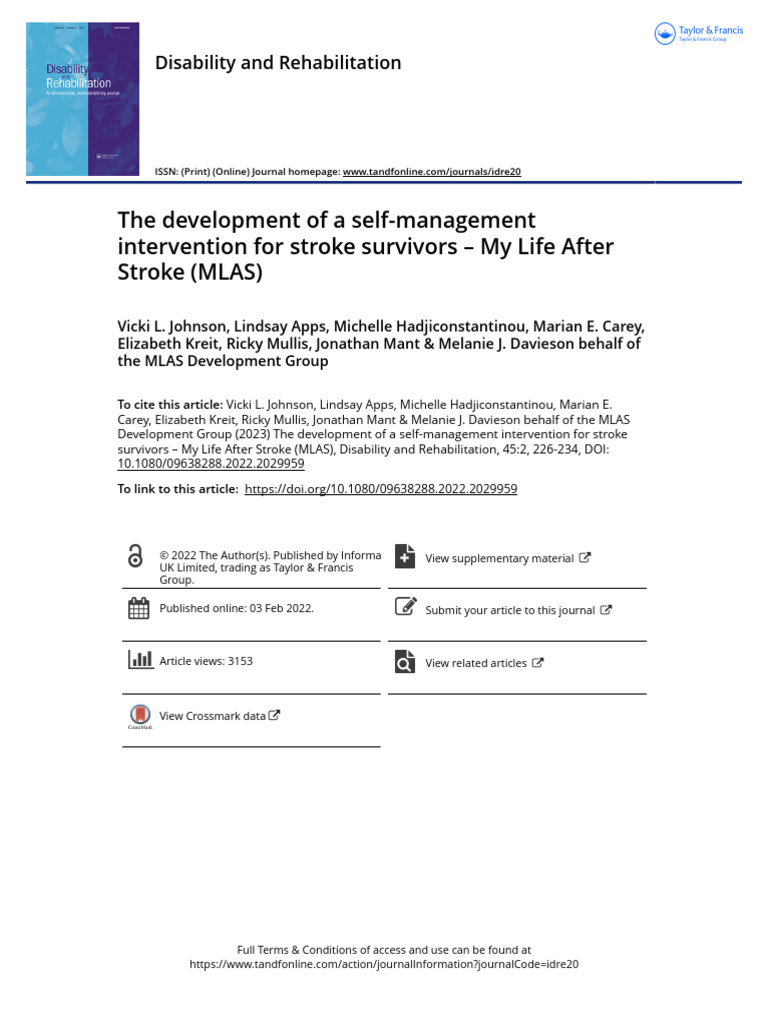 The Development of A Self-Management Intervention For Stroke Survivors My Life After Stroke MLAS ...