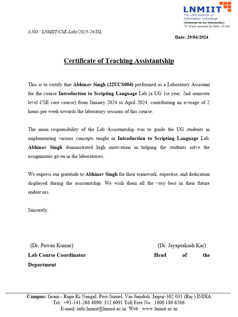 Teaching Assistantship Certificate | PDF | Career & Growth | Art