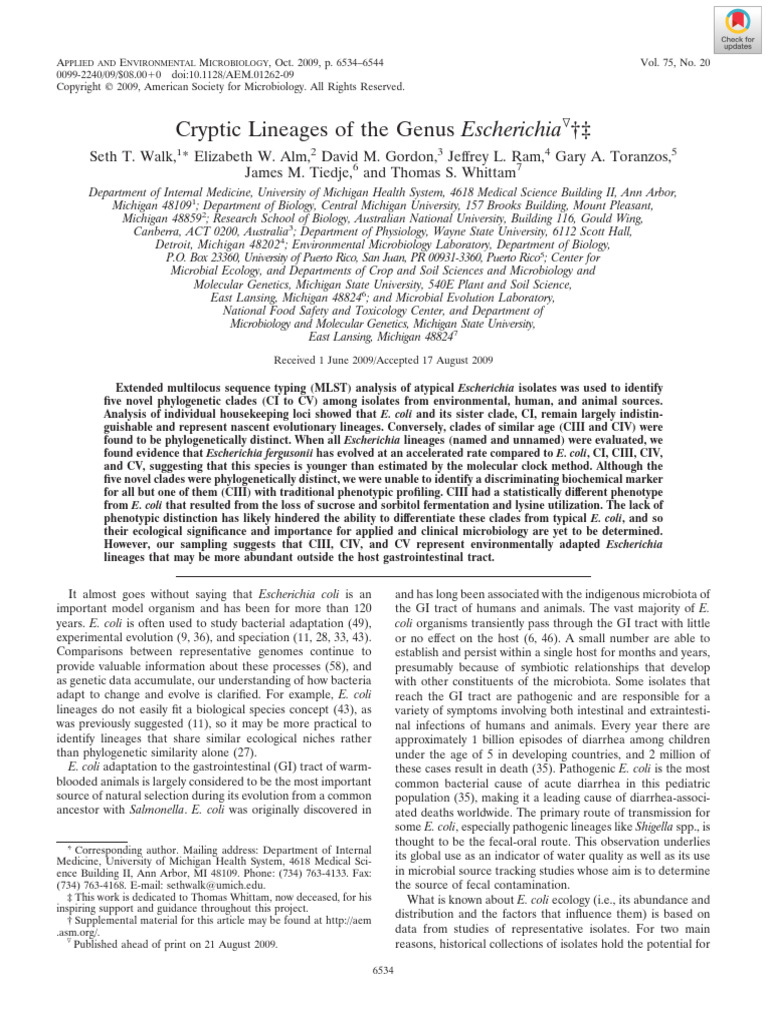 Cryptic Lineages of The Genus Escherichia | Download Free PDF ...