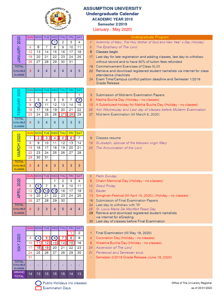 Assumption University Academic Calendar 2020 | PDF | Academic Term ...
