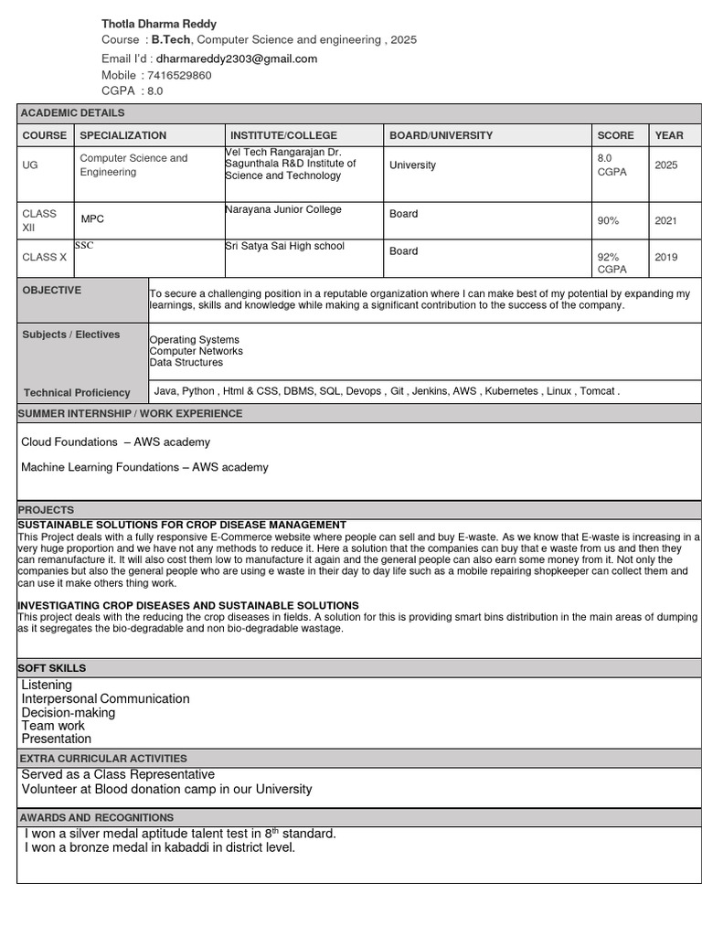 Dhramareddy resume | PDF | Computer Science | Computing
