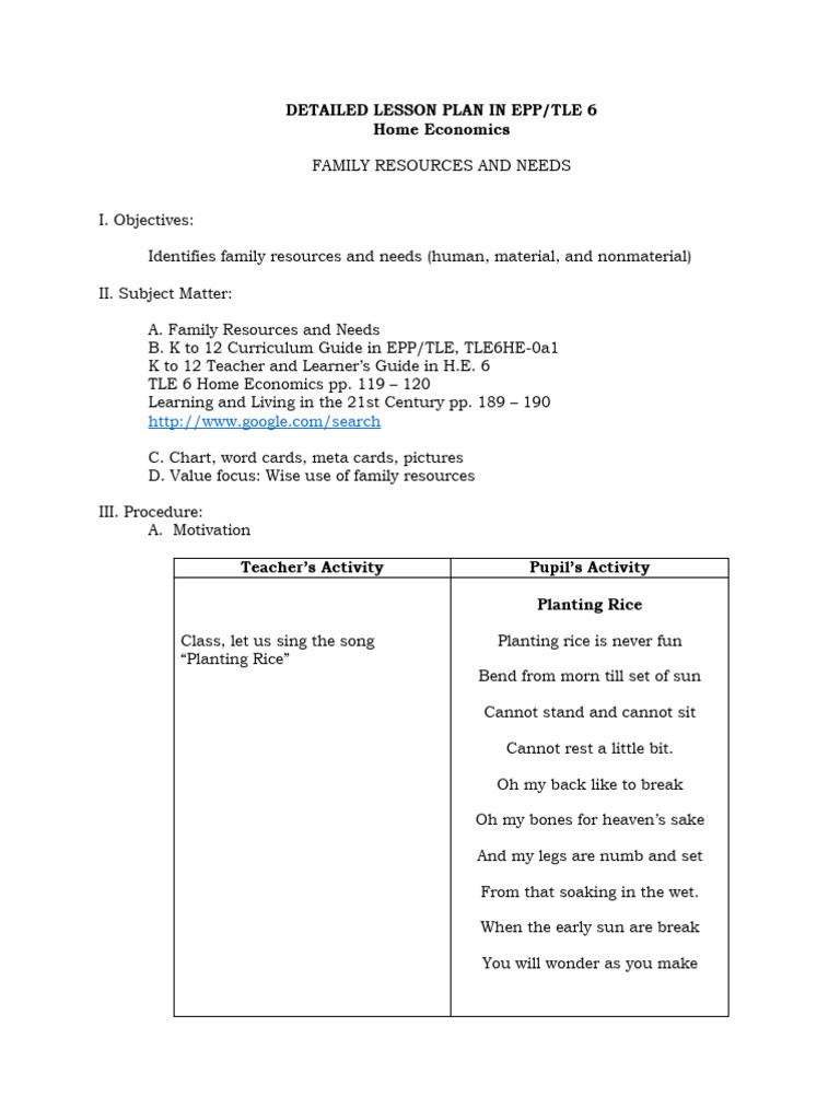 Family Resources and Needs Lesson Plan | PDF | Human Communication ...