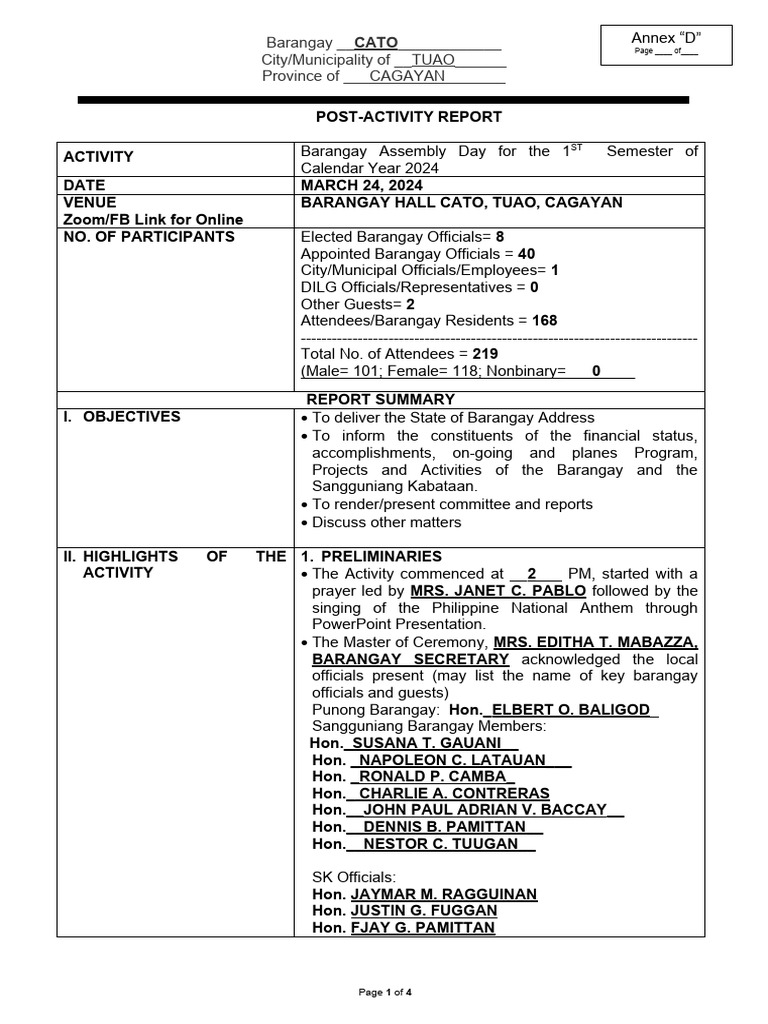 Post Activity Report Assembly Meeting 1ST Sem 2024 | PDF
