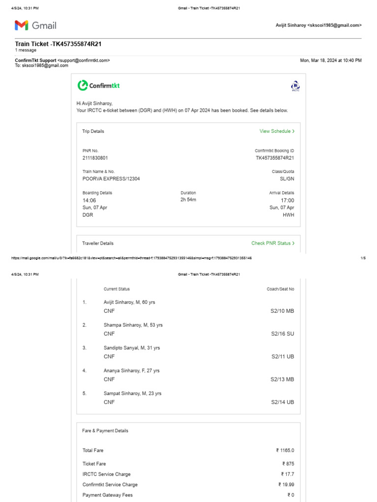 Gmail - Train Ticket -TK457355874R21 | PDF | Fee