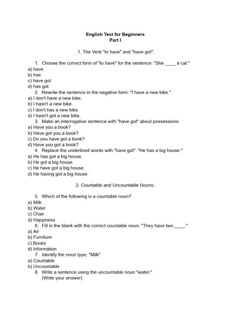 English Beginner Test Level 1 | PDF | Noun | Adverb