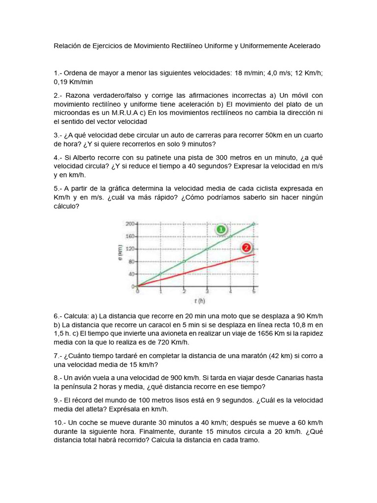 Relación de Ejercicios de Movimiento Rectilíneo Uniforme y Uniformemente Acelerado | PDF ...
