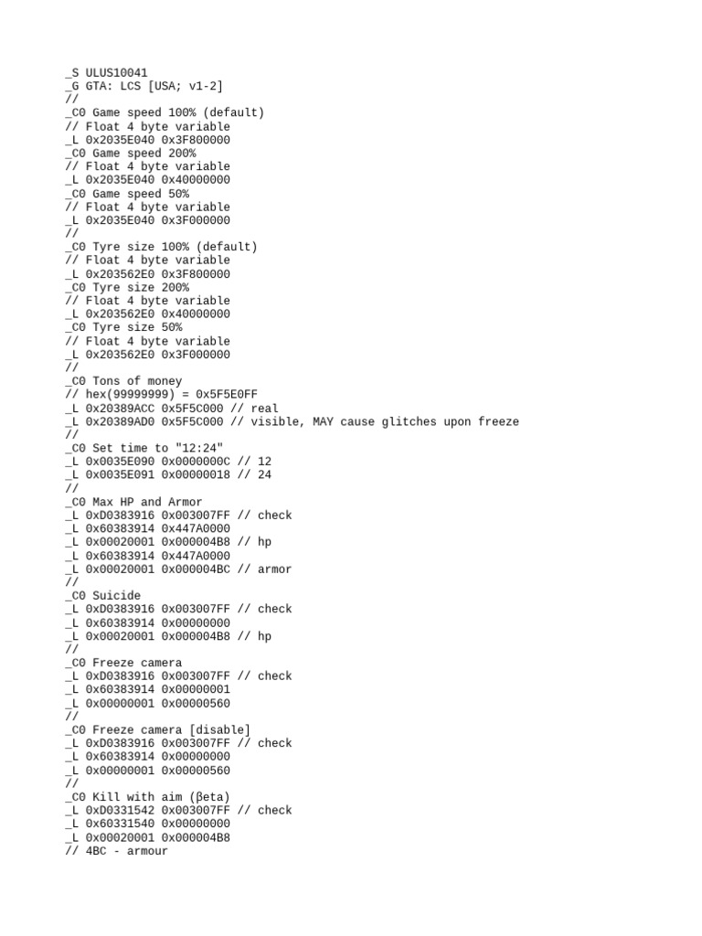 Cheats GTA-LCS ULUS10041 V1-2.ini - DB | PDF | Vehicles