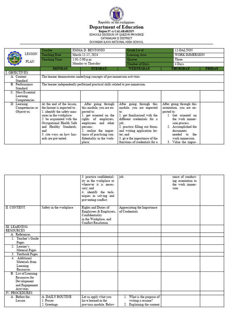 DLL 1. English-Work Immersion Week6 | PDF | Learning | Teachers