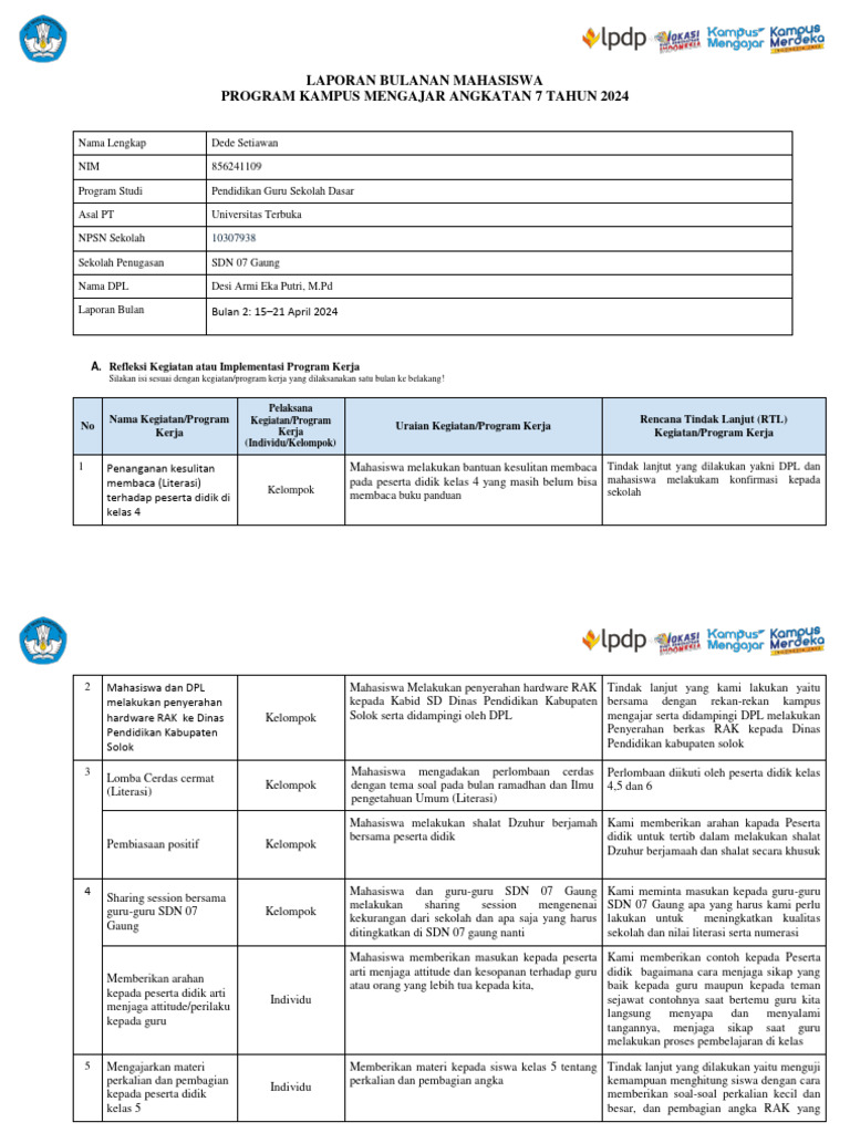 Contoh Bulan 2 Kampus Mengajar Angkatan 7 | PDF