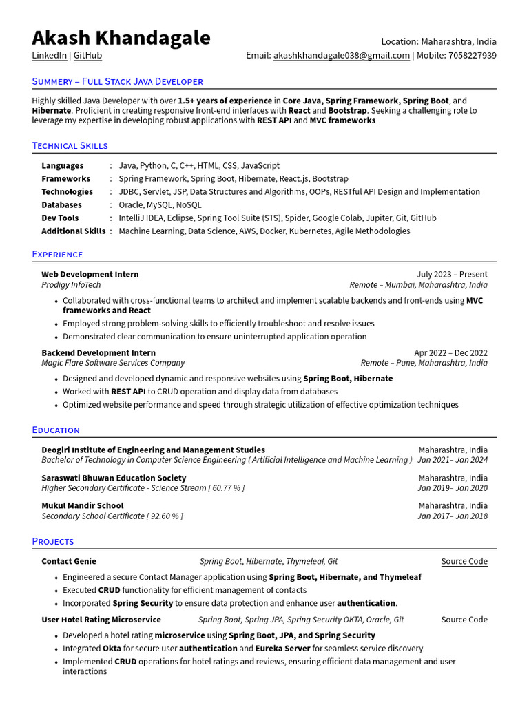 Akash Khandagale JavaDeveloper Resume.pdf | PDF | Spring Framework ... Akash Khandagale JavaDeveloper Resume.pdf | PDF | Spring Framework ...