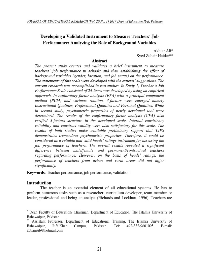 Validating Teacher Job Performance Scale | PDF | Factor Analysis | Teachers