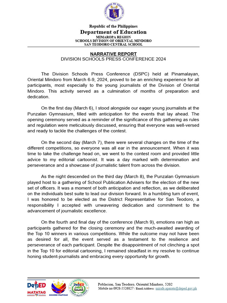 Narrative Report - DSPC 2024 | PDF | Self-Improvement