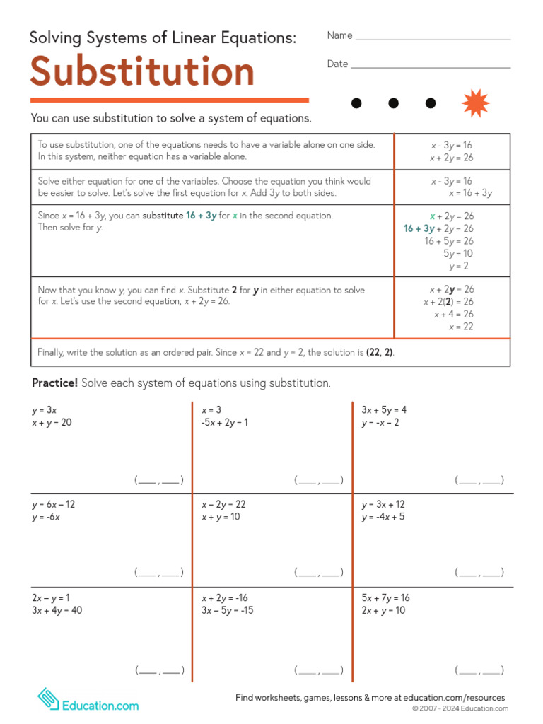 Solving Systems of Linear Equations Substitution | PDF | Equations ...