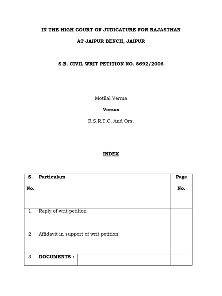Sample Reply To Suit (Rajasthan HC) | PDF | Affidavit | Writ