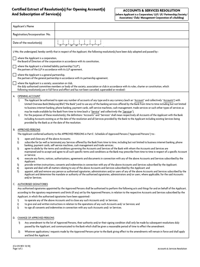 Certified Extract Resolution Opening Acc Subscription | PDF | Limited ...