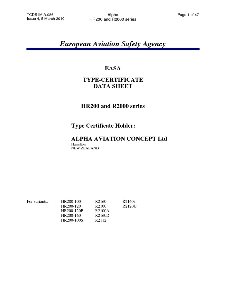 EASA Type Certificate HR200/R2000 Series | PDF | Flight Control ...